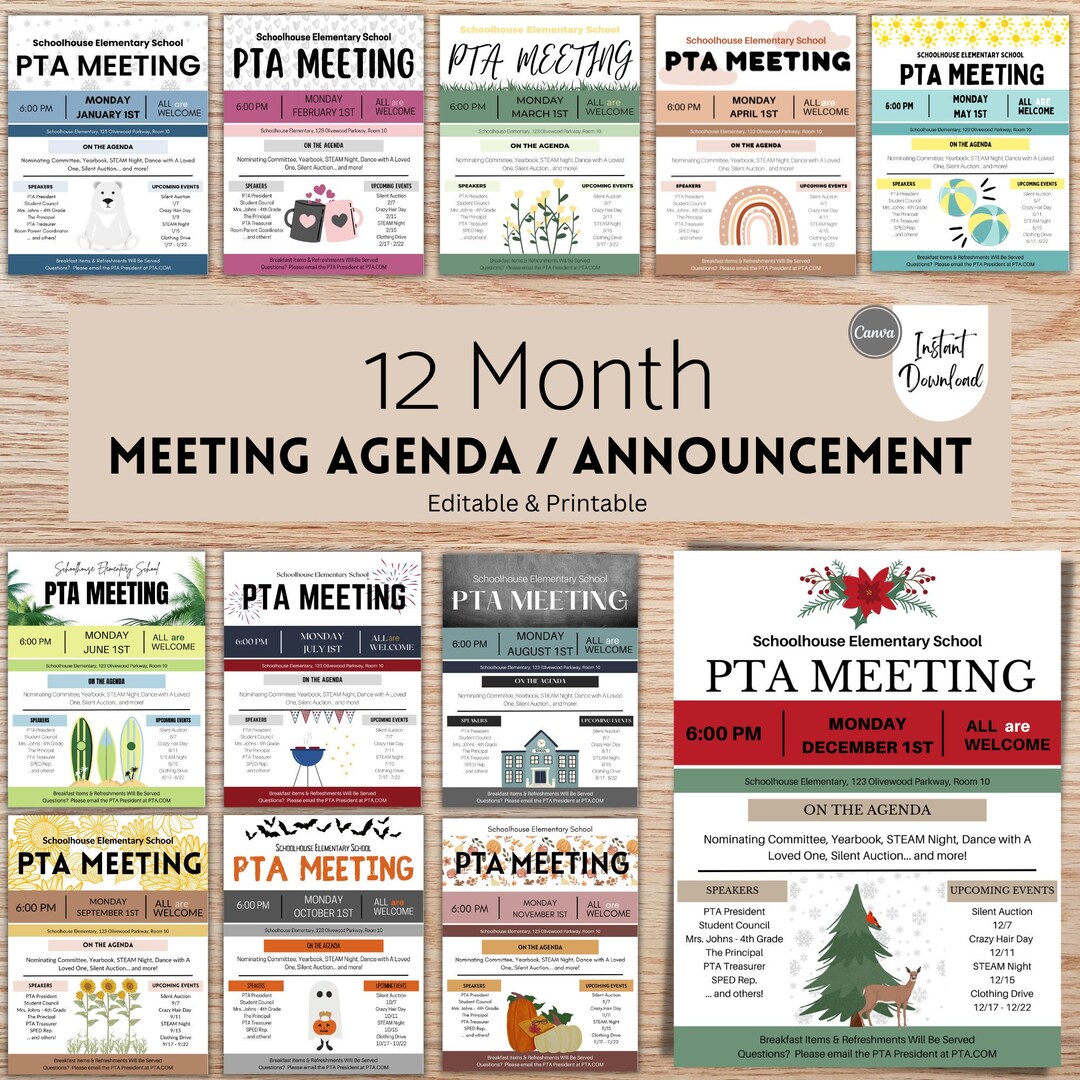 EDITABLE Monthly Meeting Agenda Announcement Flyer, Printable Handout ...
