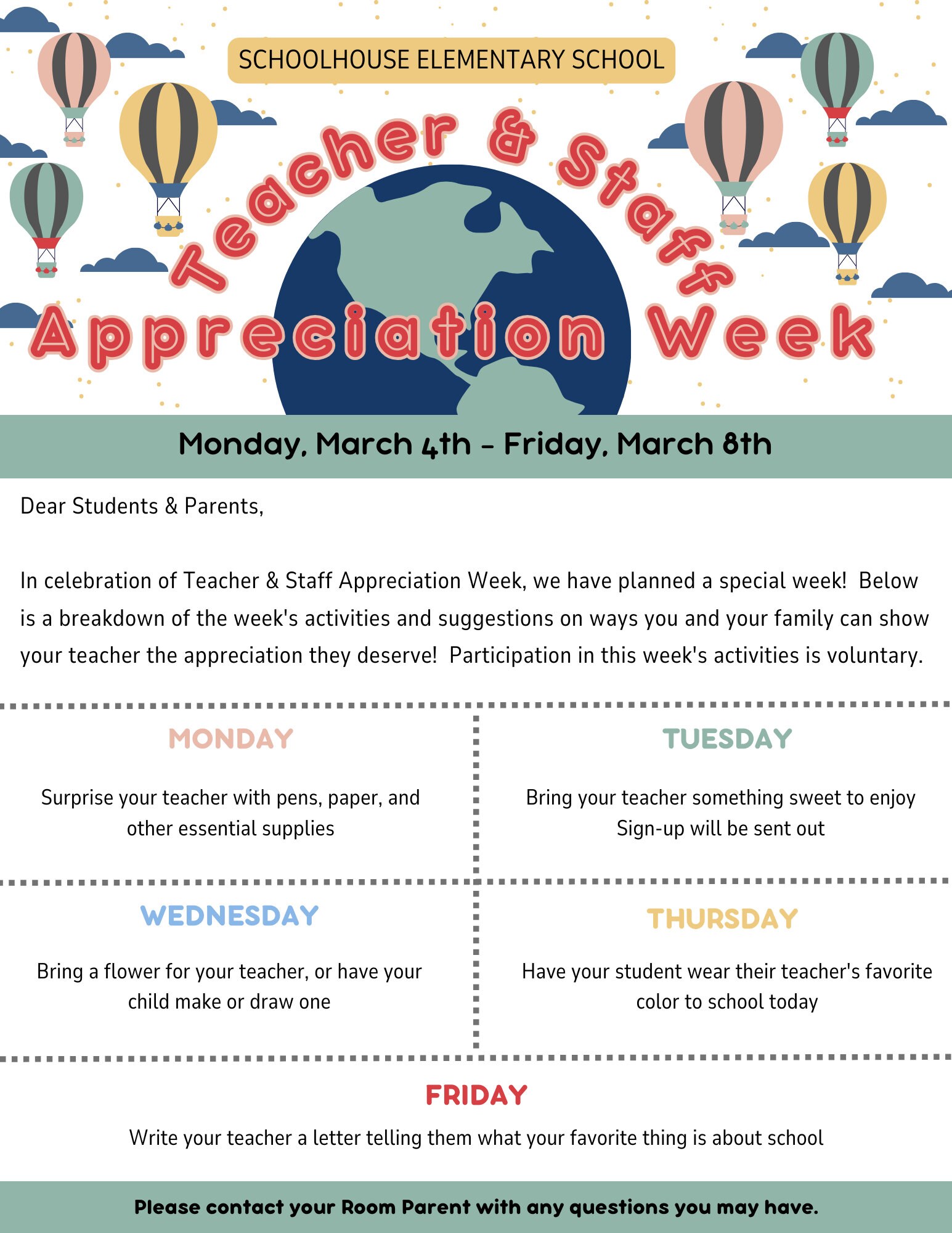 EDITABLE Hot Air Balloon Teacher Staff Appreciation Week Flyer, Send ...