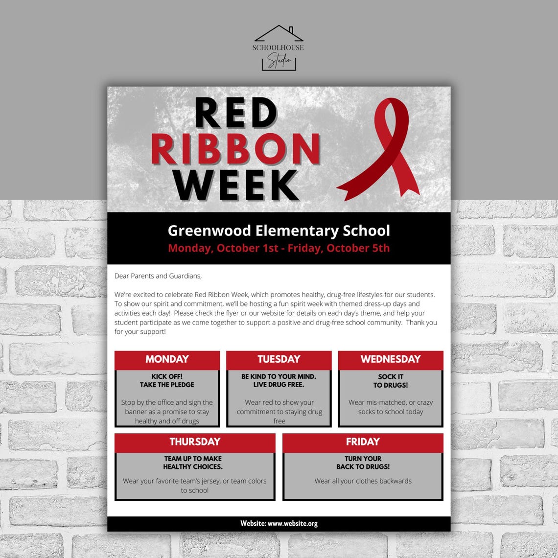 Red Ribbon Week Calendar Template: Editable School Event Printable ...