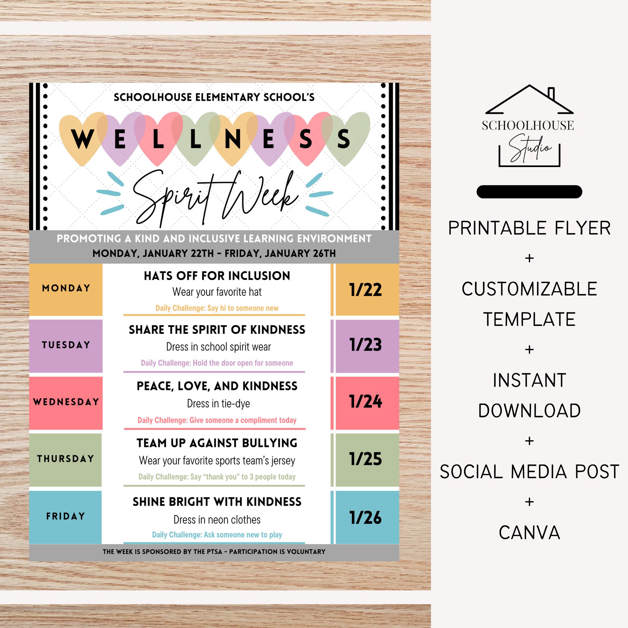 EDITABLE Wellness Spirit Week Calendar of Events, Weekly Itinerary ...