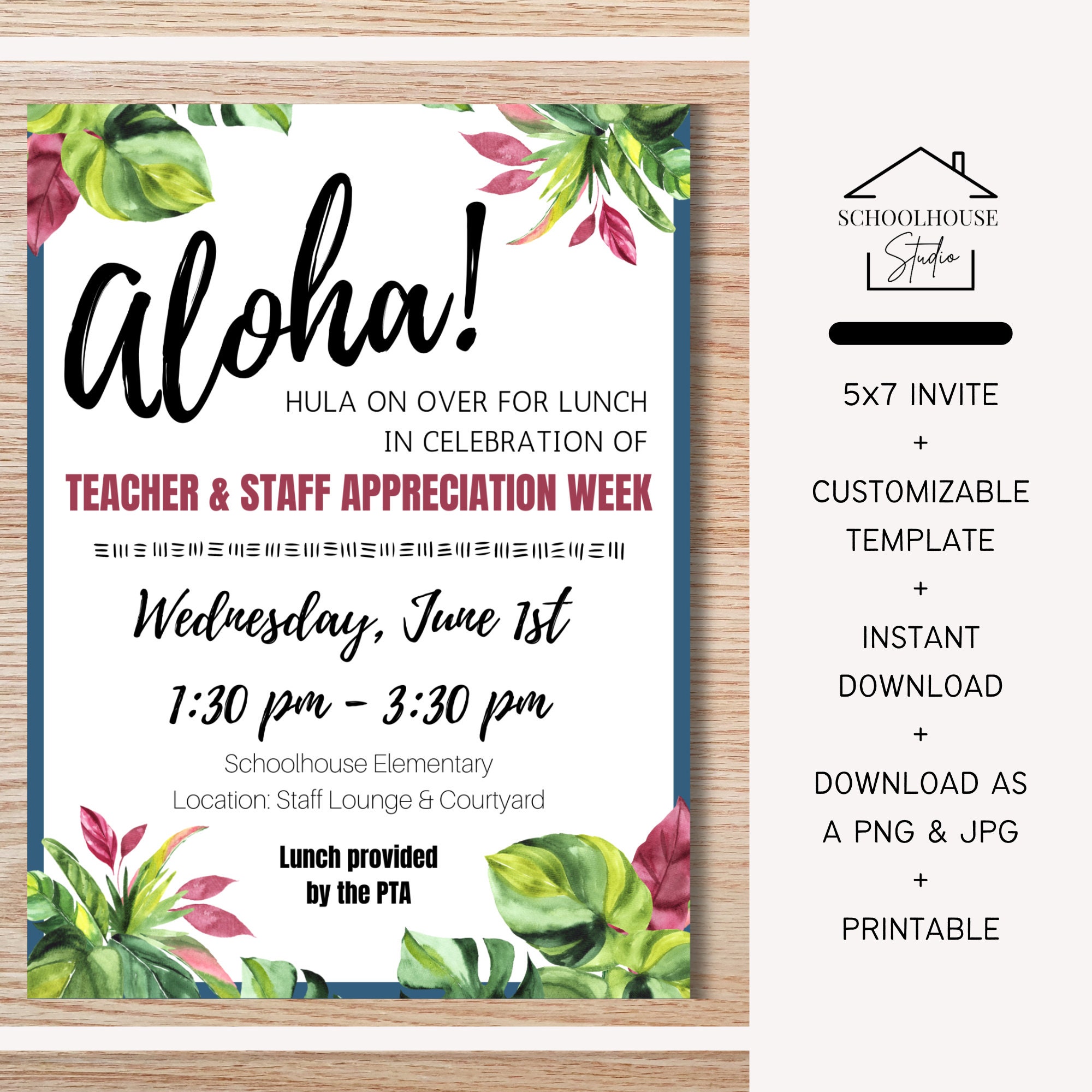 EDITABLE Hawaiian Luau Tropical Flower Theme Invite, Lunch Invitation ...