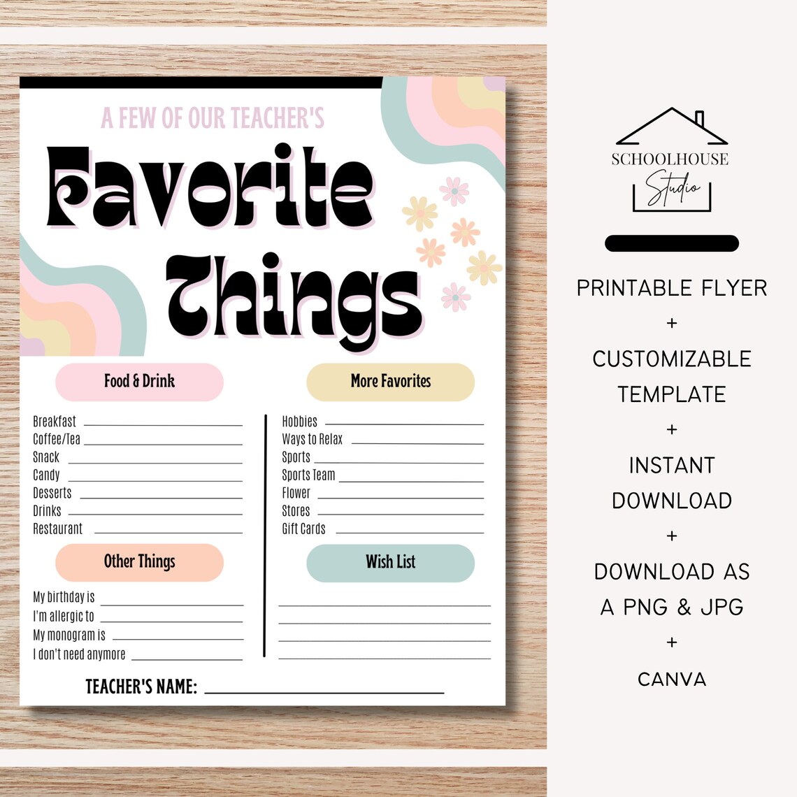 EDITABLE 70's "groovy" Teacher Favorites Survey, Get to Know My Teacher ...