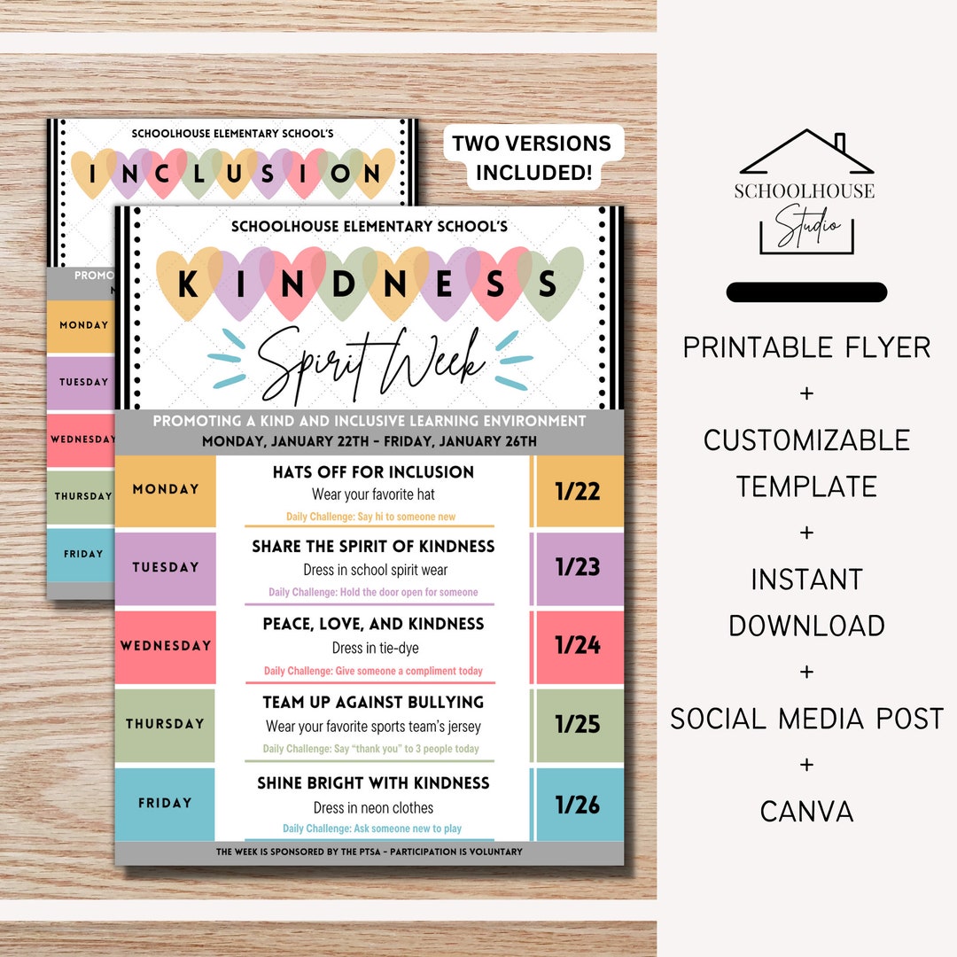 EDITABLE Kindness & Inclusion Spirit Week Calendar of Events, Weekly ...