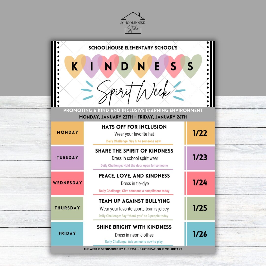 Kindness & Inclusion Week Template: Editable School Spirit Week ...