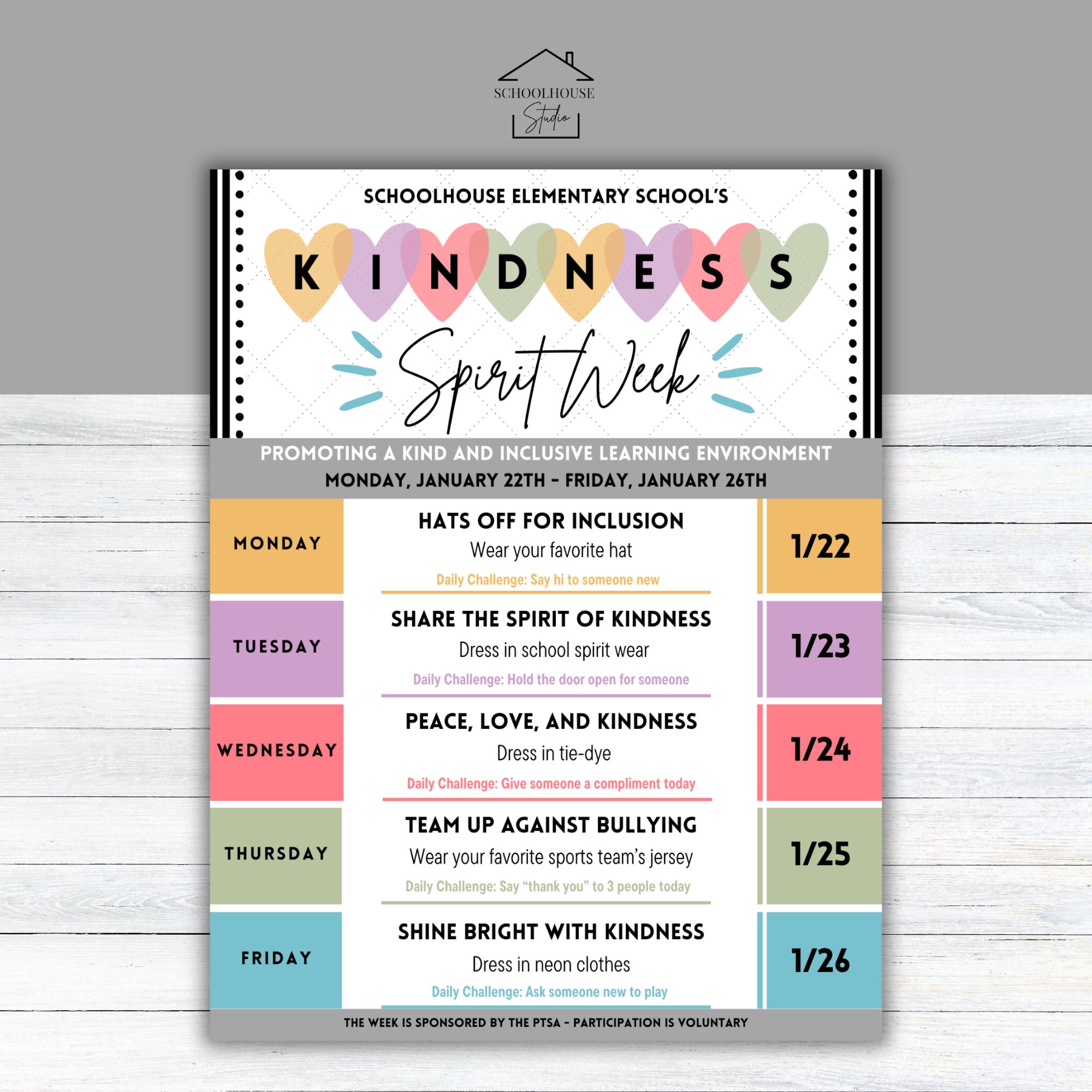 Kindness & Inclusion Week Template: Editable School Spirit Week ...