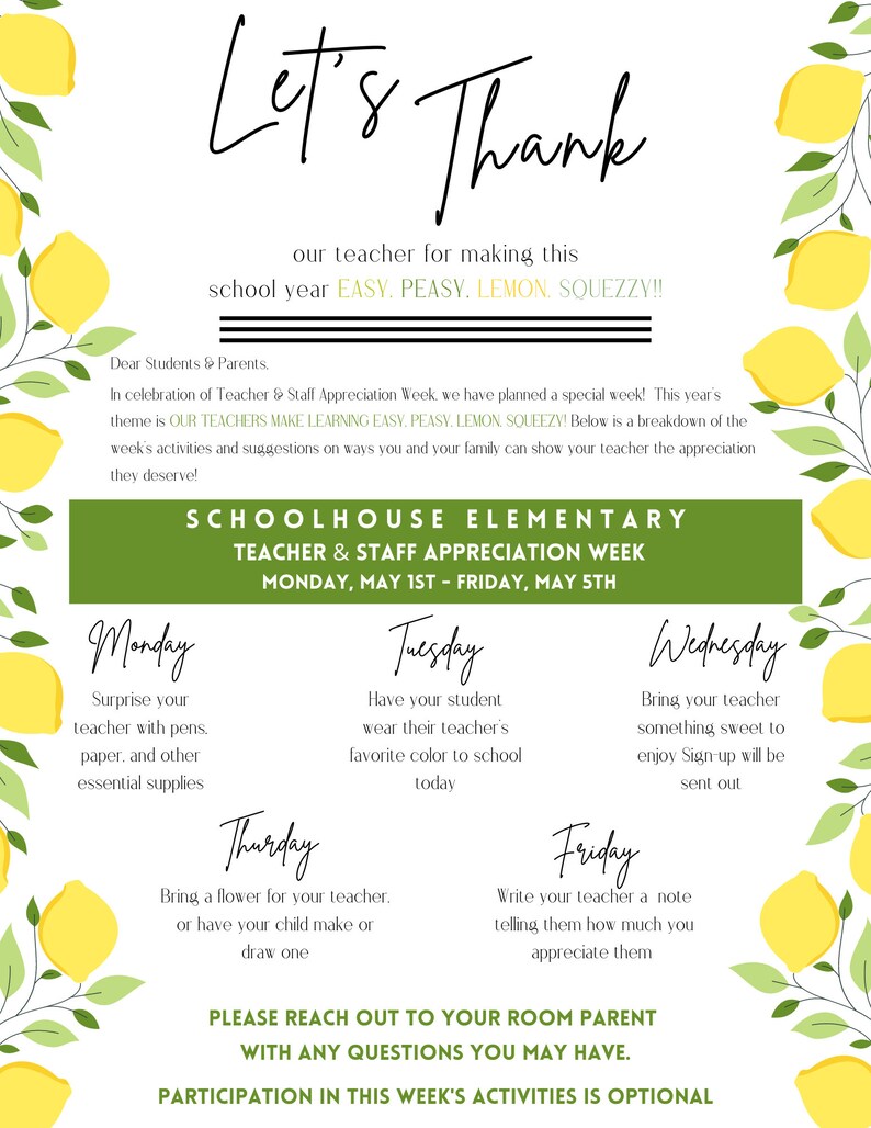 EDITABLE Lemon Theme Teacher and Staff Appreciation Week Itinerary ...