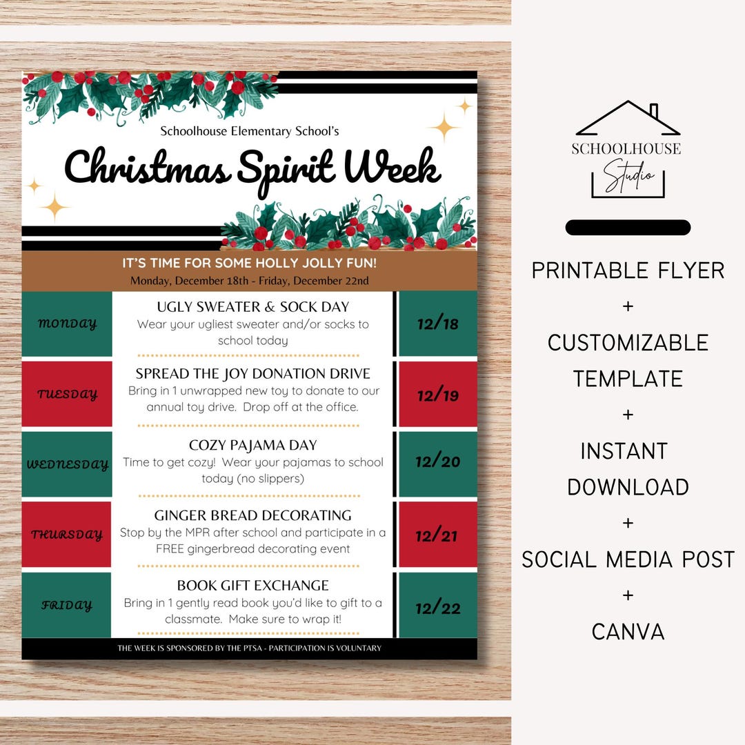 EDITABLE Christmas Holiday December Calendar of Events, Spirit Week ...