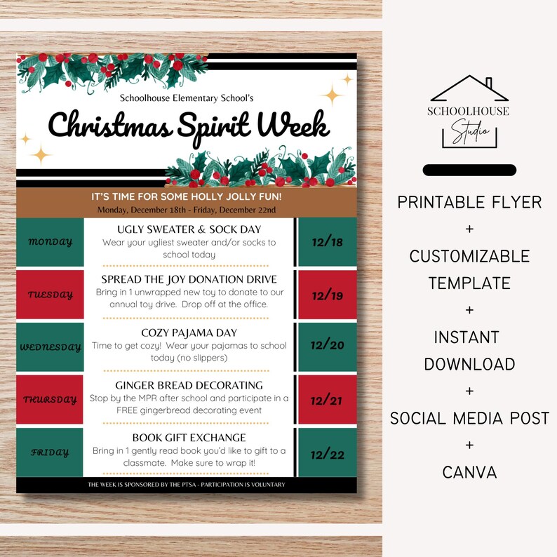 EDITABLE Christmas Holiday December Calendar of Events, Spirit Week ...