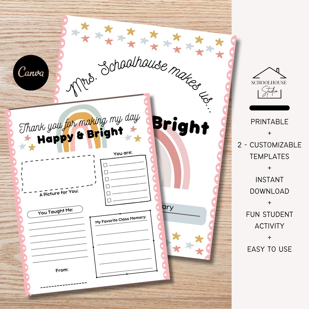 EDITABLE Rainbow Happy and Bright Teacher Appreciation Printable, All ...