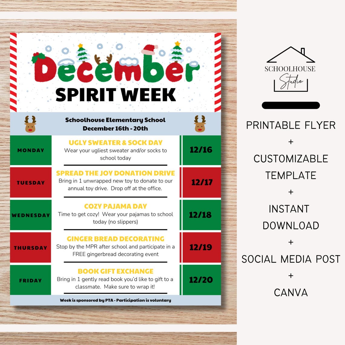EDITABLE Christmas Holiday December Spirit Week, Calendar of Events ...