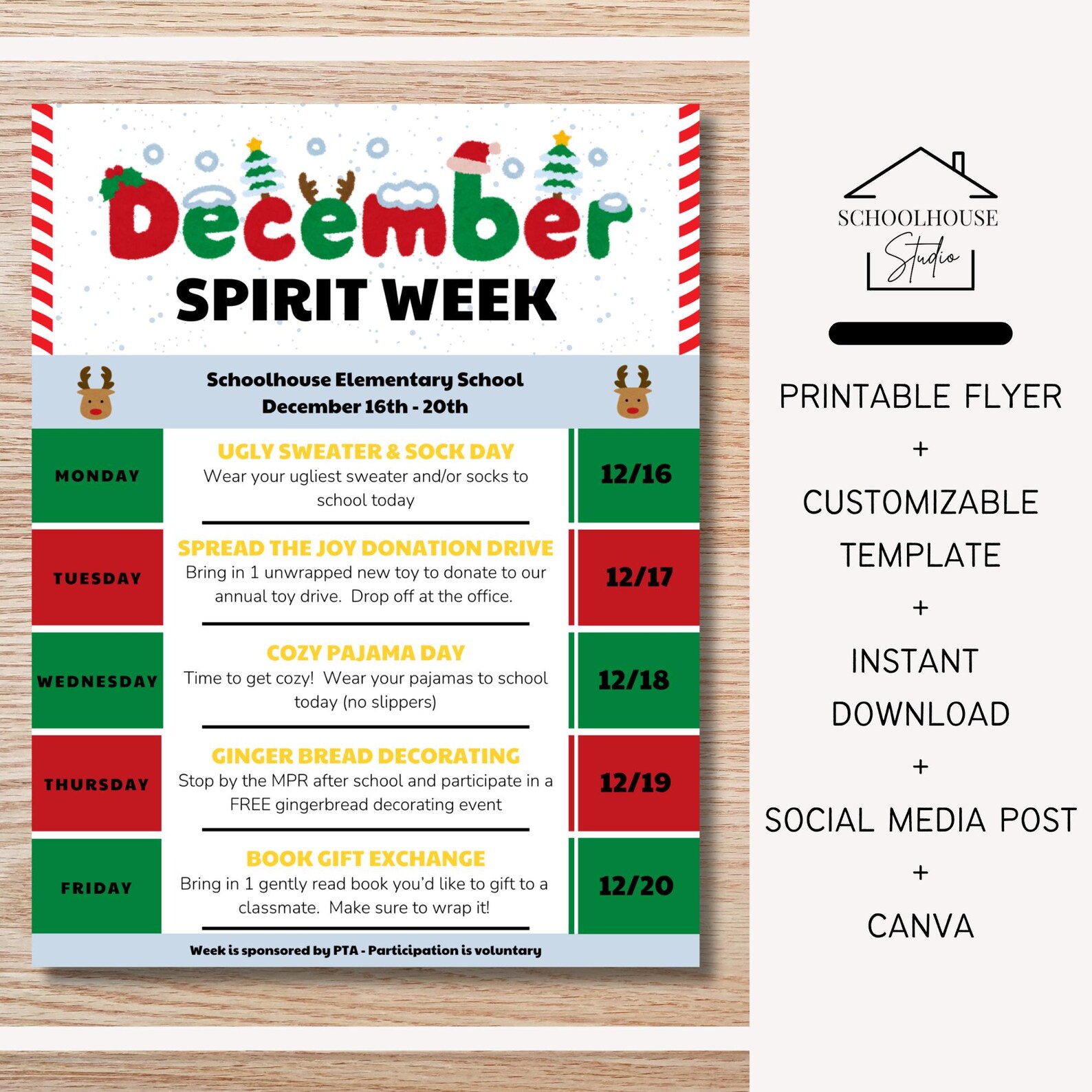EDITABLE Christmas Holiday December Spirit Week, Calendar of Events ...