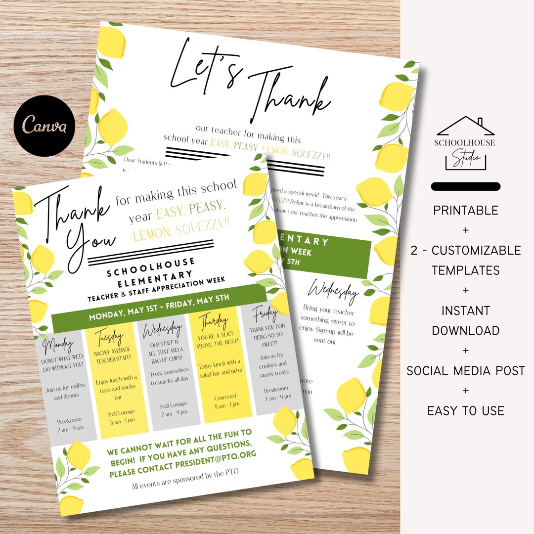 EDITABLE Lemon Theme Teacher and Staff Appreciation Week Itinerary ...