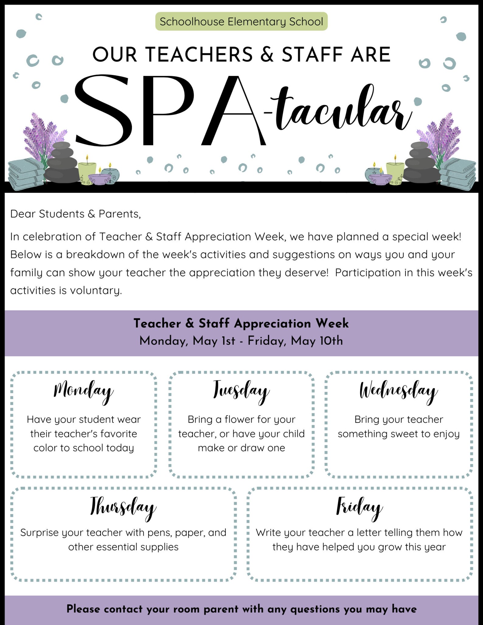EDITABLE Spa Theme Spa-tacular Teacher and Staff Appreciation Itinerary ...