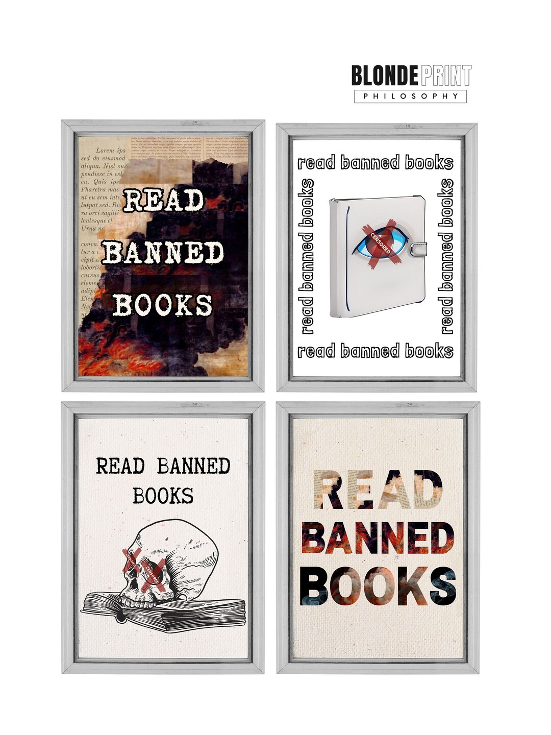READ BANNED BOOKS, Censored Books Prints Burning Books Illustration ...