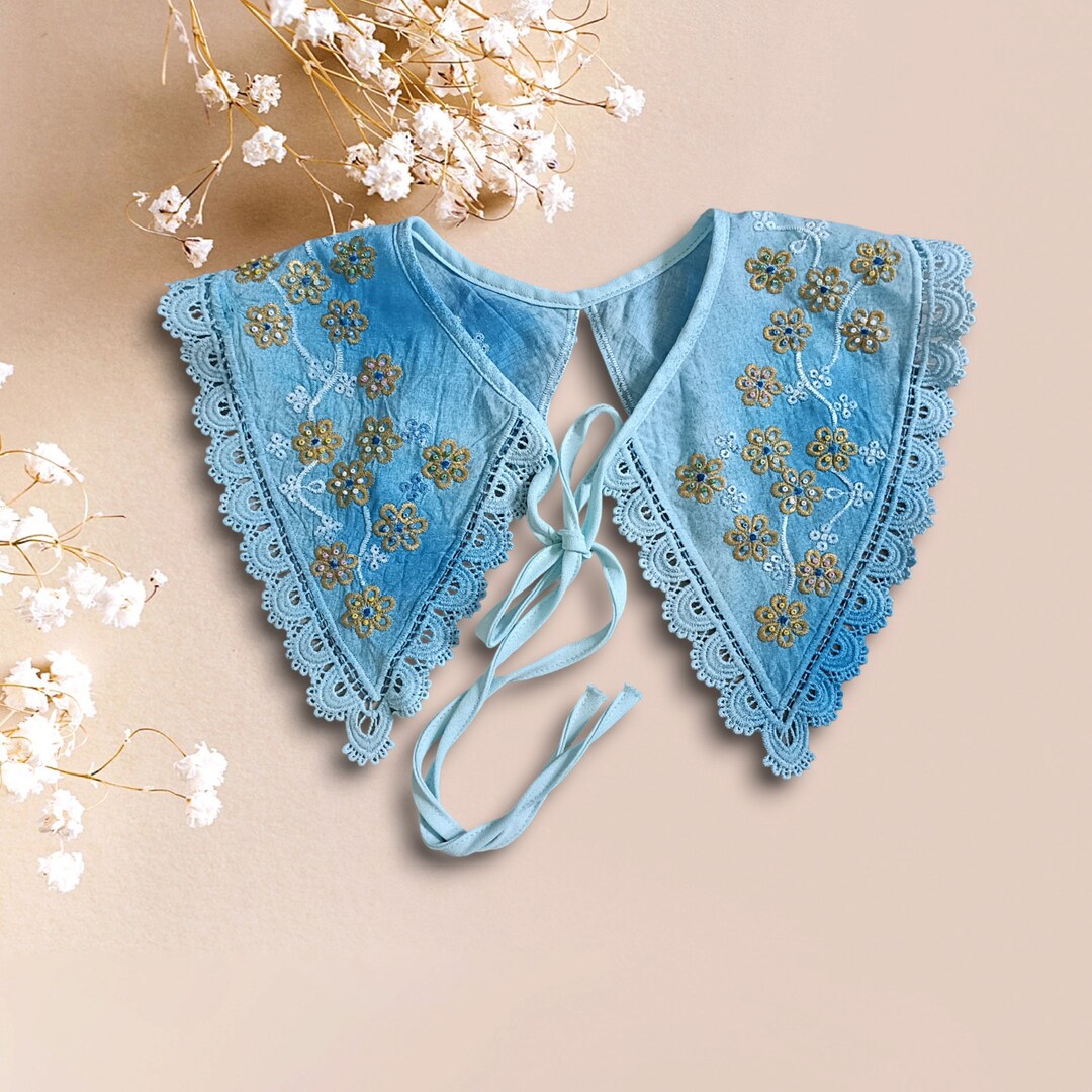 Hand Painted Blue Collar With Flower, Detachable Faux Collar With ...