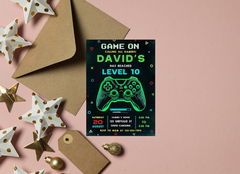 Editable Video Game Birthday Invitation, Printable Neon Glow Boy Gamer ...