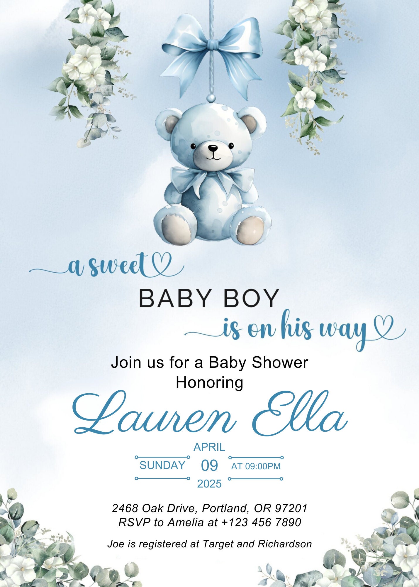 Blue Bear Baby Shower Invitation Template: Hot Air Balloon (editable ...