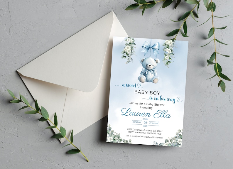 Blue Bear Baby Shower Invitation Template: Hot Air Balloon (editable ...