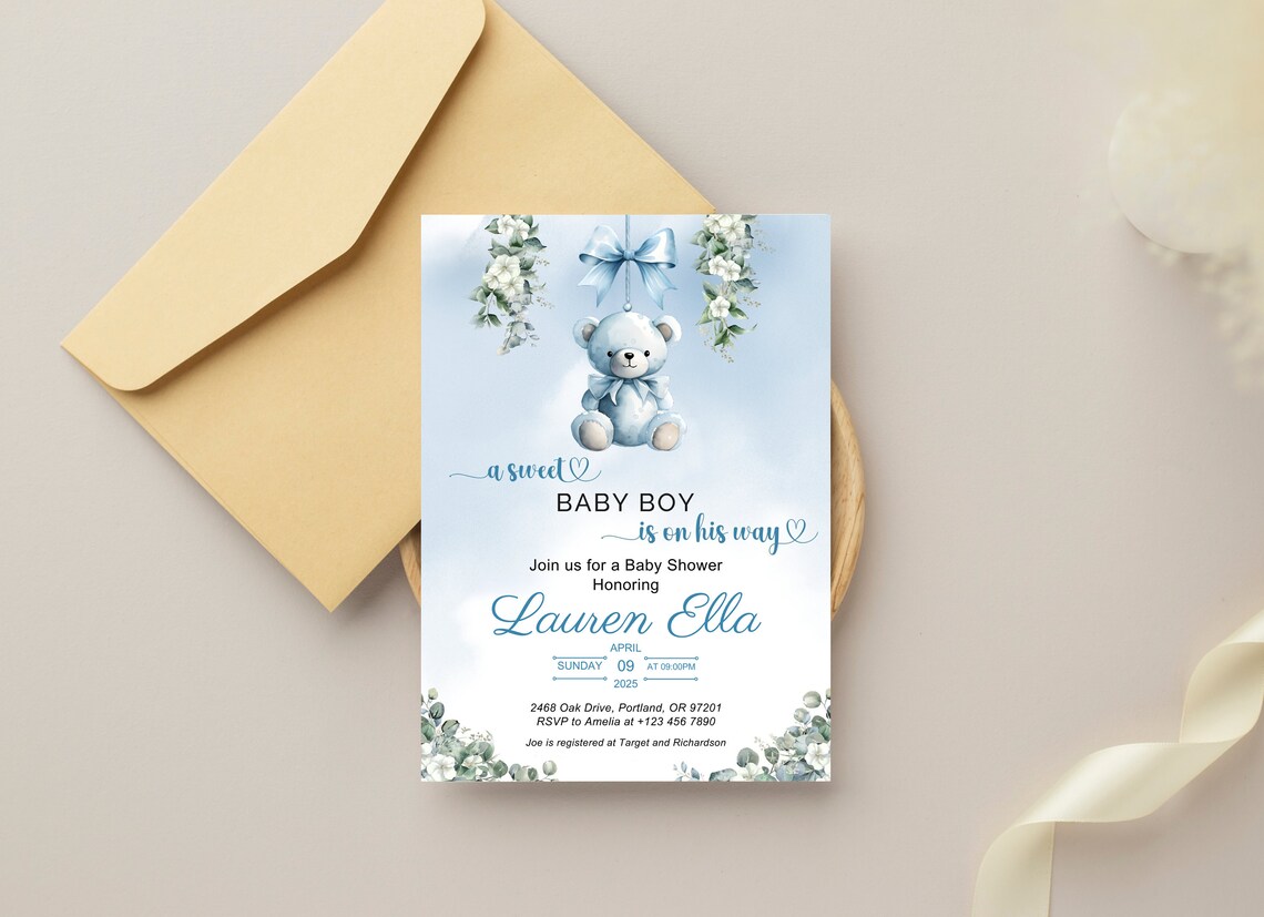 Blue Bear Baby Shower Invitation Template: Hot Air Balloon (editable ...