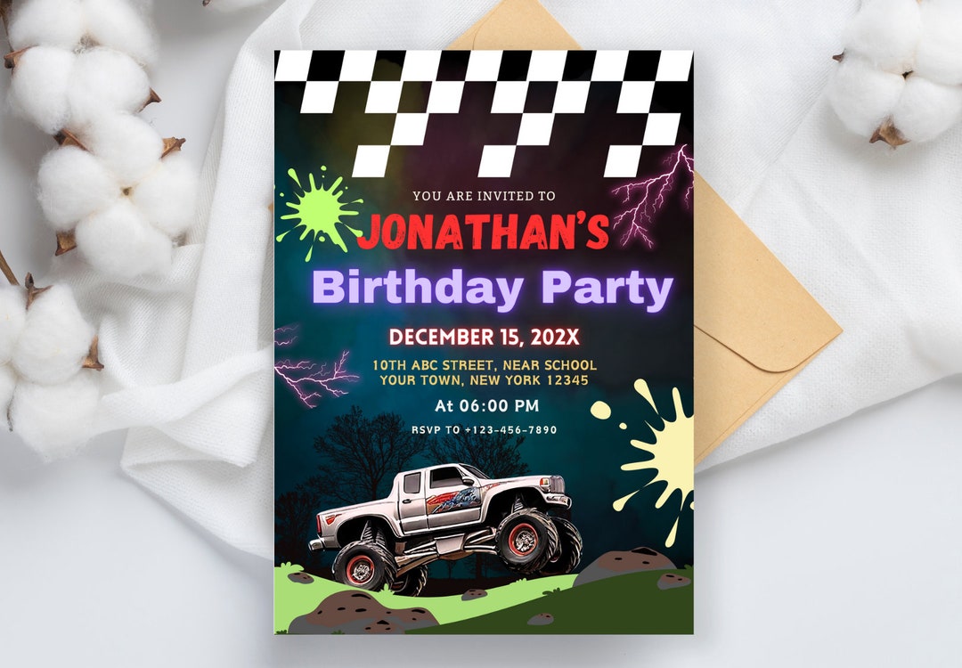 Editable Monster Truck Birthday Invite, Racer Birthday Invite,monster ...
