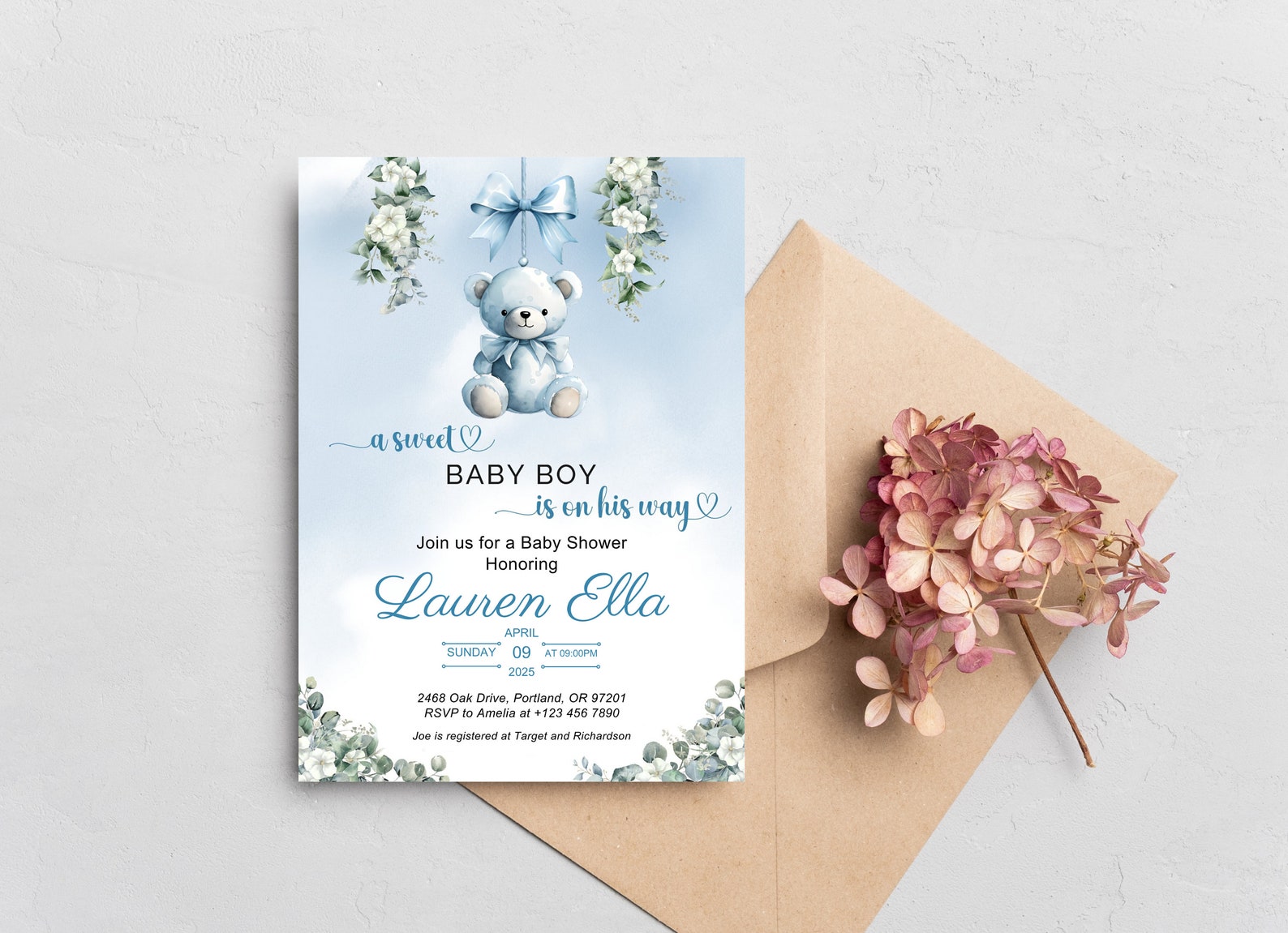 Blue Bear Baby Shower Invitation Template: Hot Air Balloon (editable ...