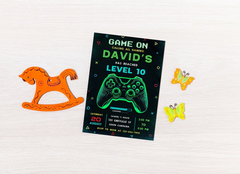 Editable Video Game Birthday Invitation, Printable Neon Glow Boy Gamer ...