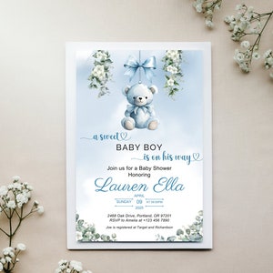 Blue Bear Baby Shower Invitation Template: Hot Air Balloon (editable ...