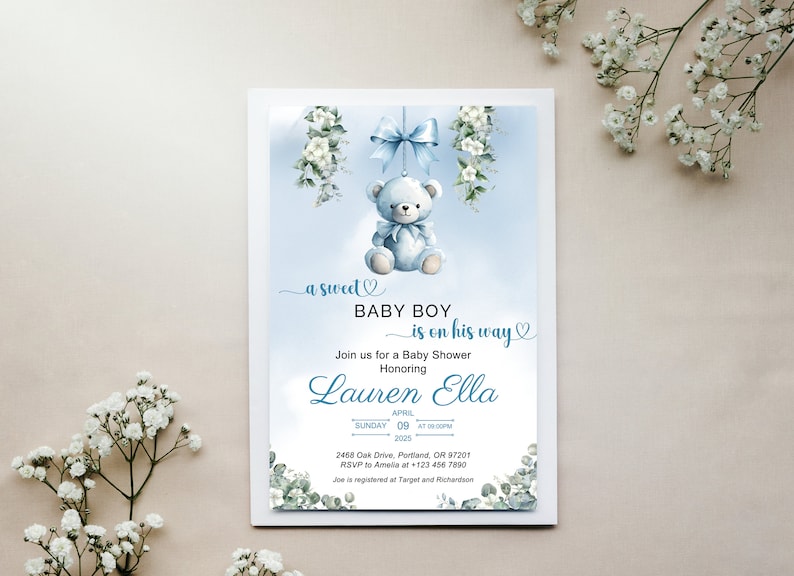 Blue Bear Baby Shower Invitation Template: Hot Air Balloon (editable ...