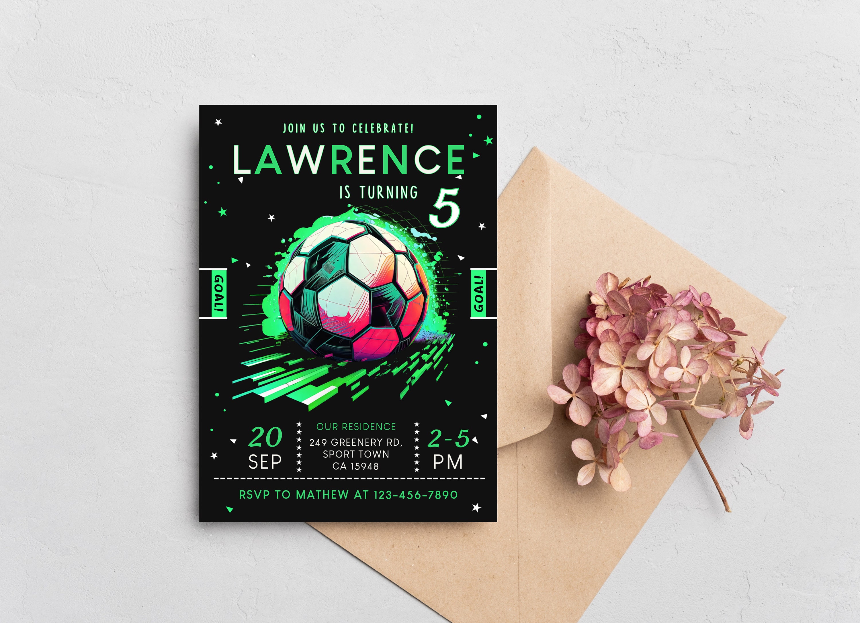 Sport Birthday Printable Invitation, Neon Soccer Invitation, Birthday ...
