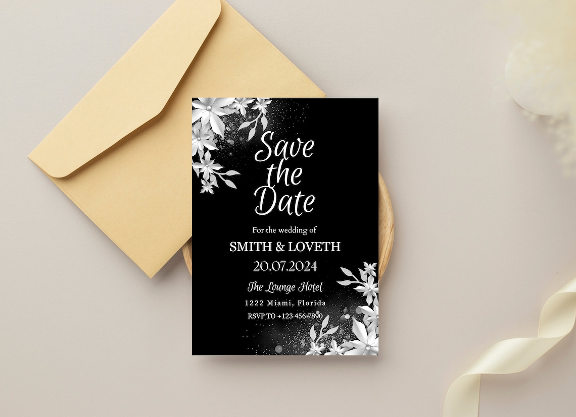 Black and Silver Wedding Invitation, Silver Wedding Template, Editable ...