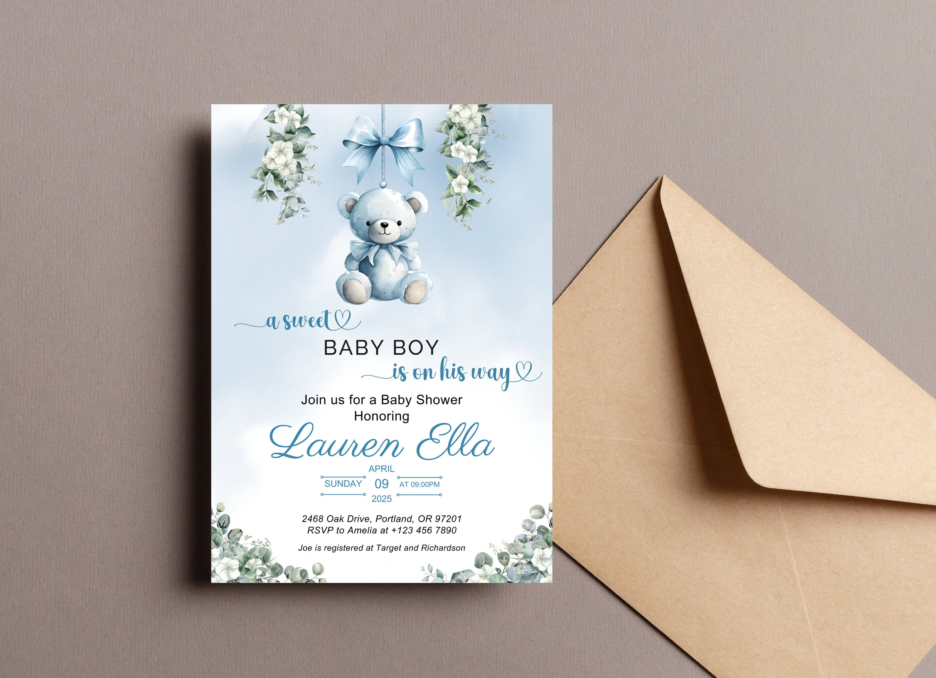 Blue Bear Baby Shower Invitation Template: Hot Air Balloon (editable ...