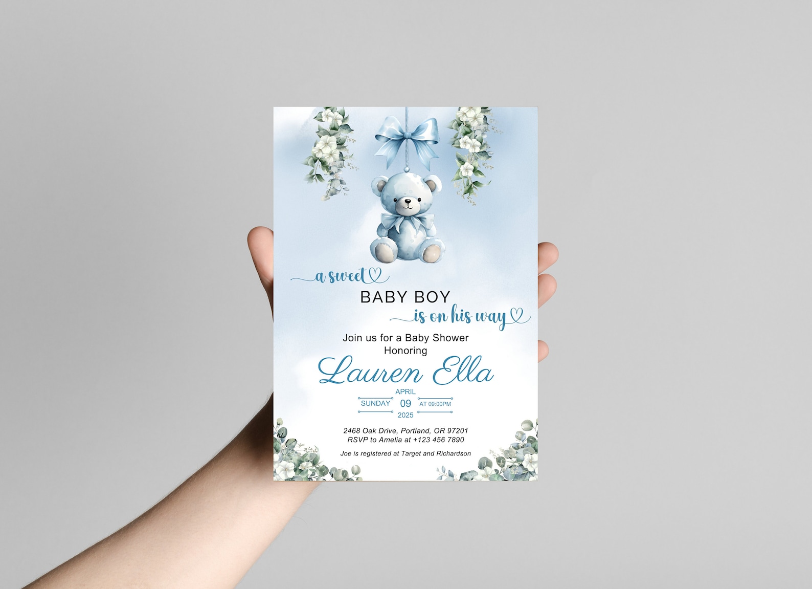 Blue Bear Baby Shower Invitation Template: Hot Air Balloon (editable ...