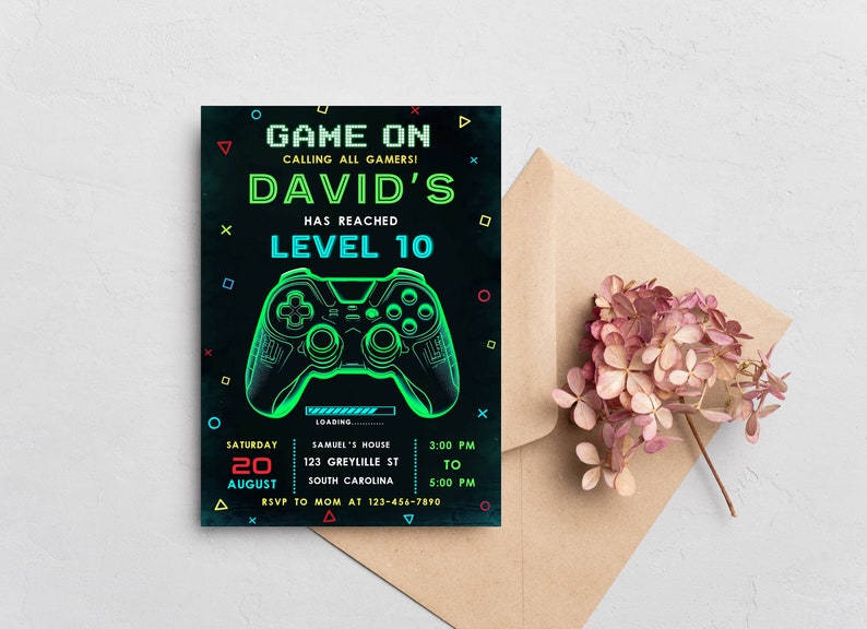 Editable Video Game Birthday Invitation, Printable Neon Glow Boy Gamer ...