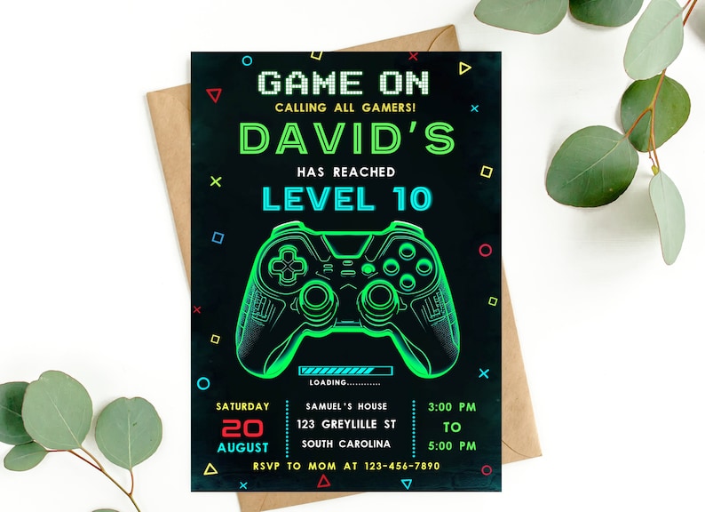 Editable Video Game Birthday Invitation, Printable Neon Glow Boy Gamer ...