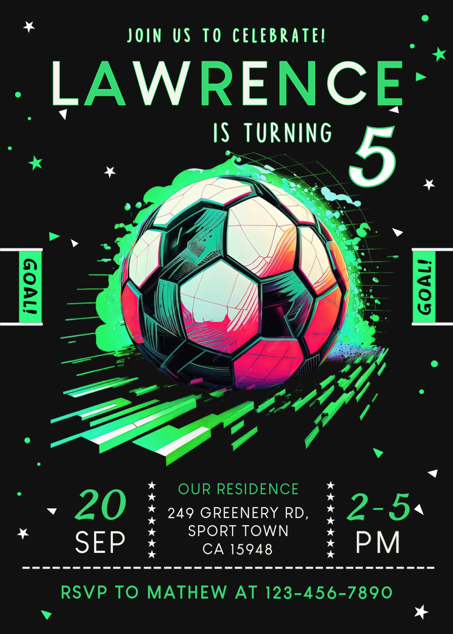 Sport Birthday Printable Invitation, Neon Soccer Invitation, Birthday ...