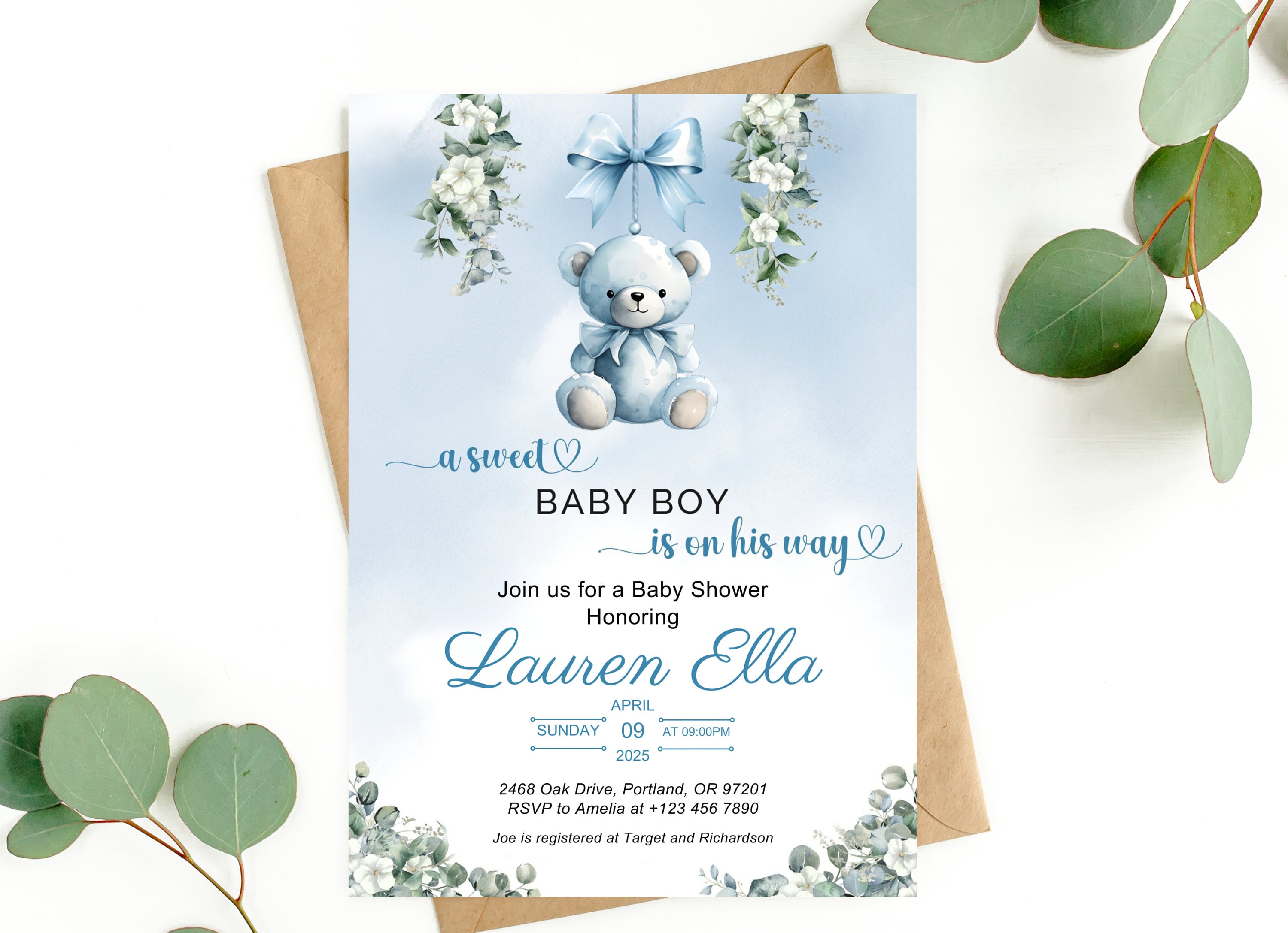 Blue Bear Baby Shower Invitation Template: Hot Air Balloon (editable ...