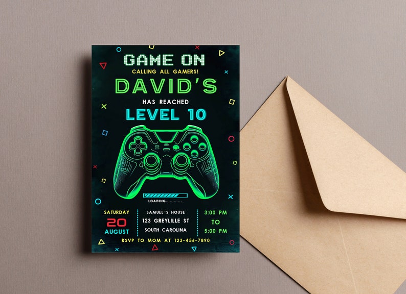 Editable Video Game Birthday Invitation, Printable Neon Glow Boy Gamer ...