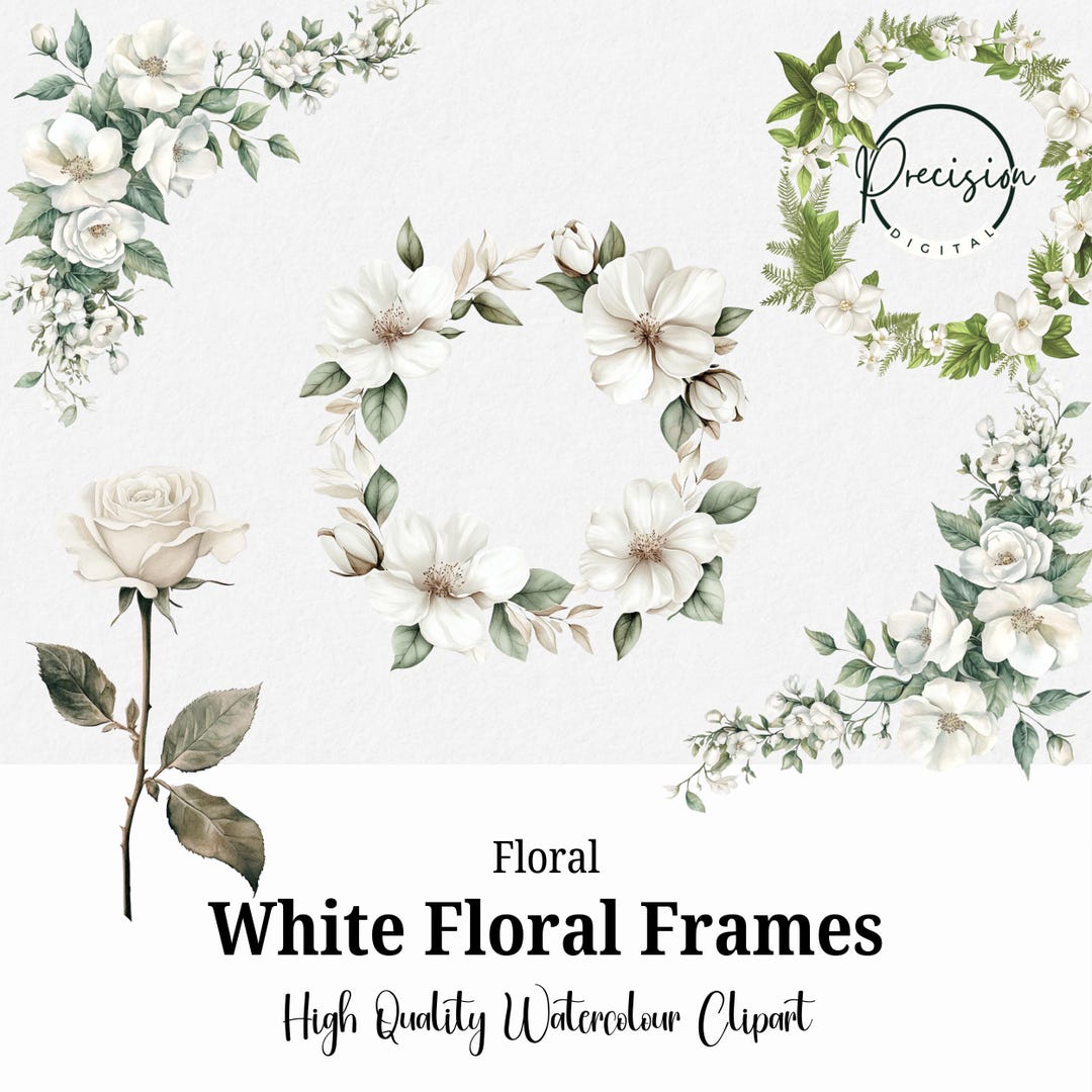 Watercolor White Flowers Border Frame Clipart, Floral Wedding Invite ...