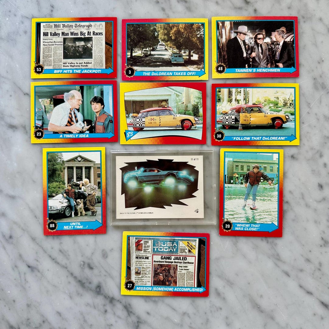 Vintage 1989 Topps Back to the Future Cards and Delorean Flying Sticker ...