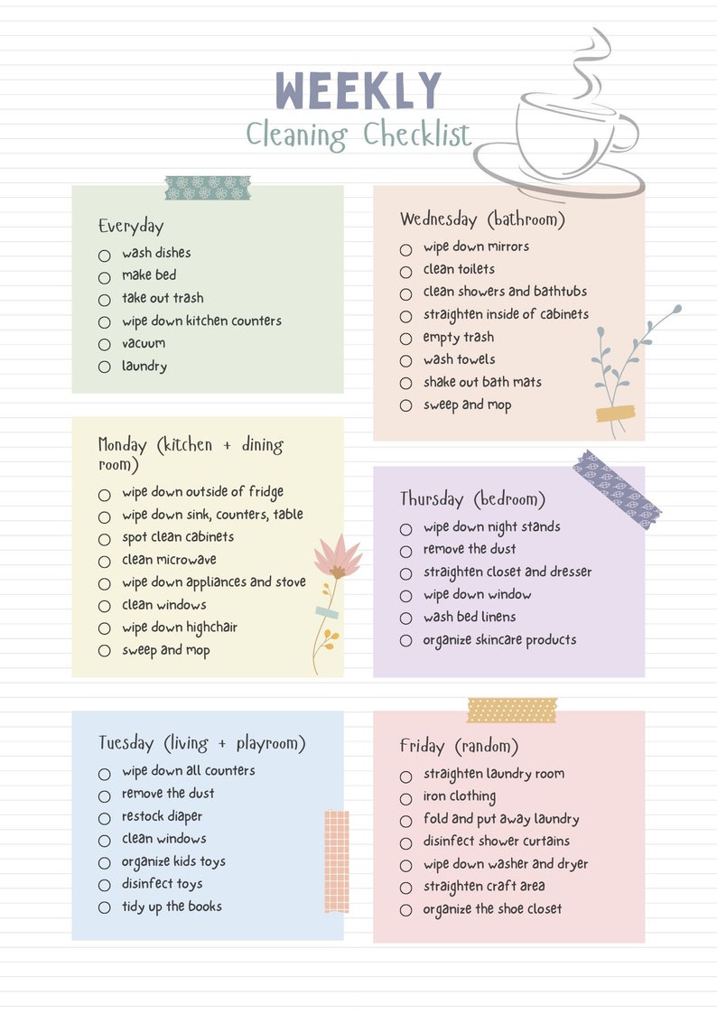 Weekly Cleaning Checklist - Etsy