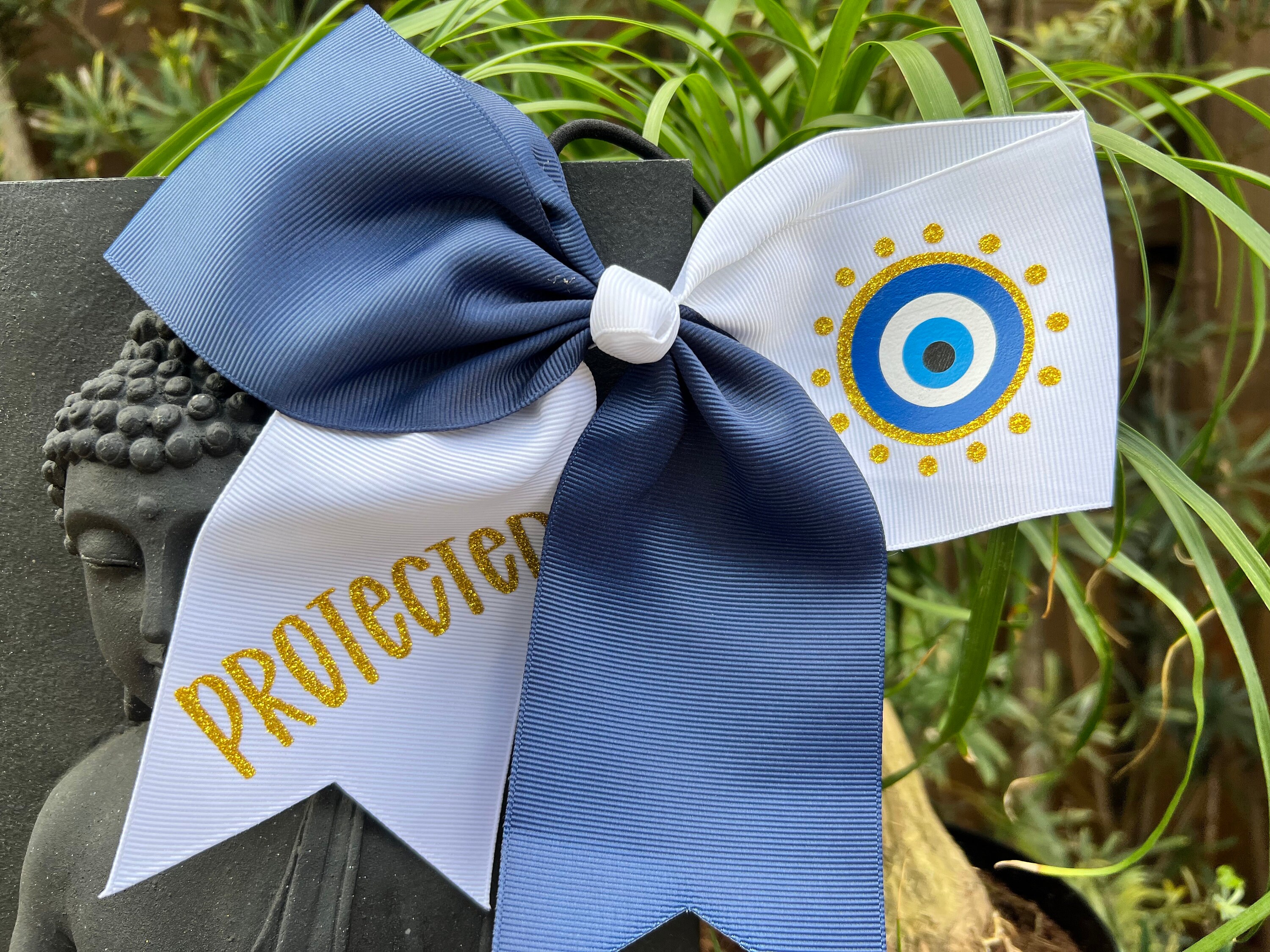Evil Eye Cheer Bow: Personalized Vinyl Ribbon Hair Tie - Etsy