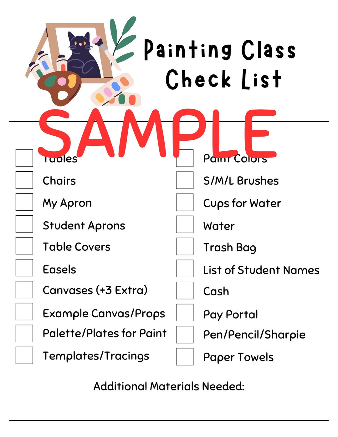 Painting Class Materials Check List With Cat Image - Etsy