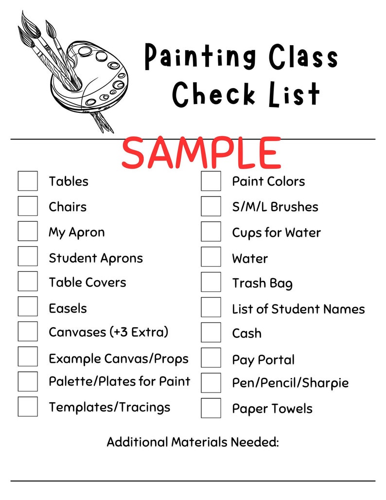 Painting Class Materials Check List With Palette Image - Etsy