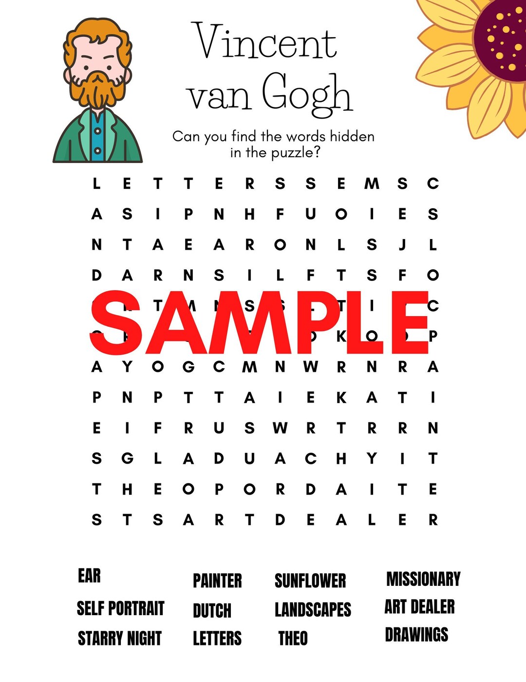 Vincent Van Gogh Word Puzzle - Etsy