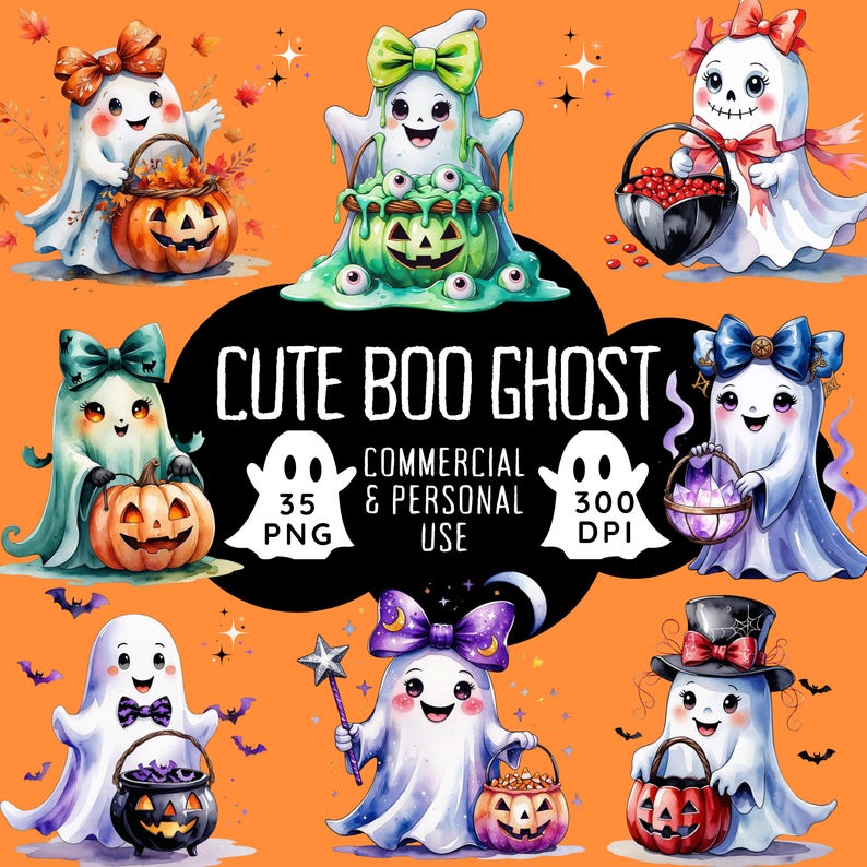 Cute Halloween Boo Ghost Clipart Bundle, Spooky Ghost Costumes, Pumpkin ...