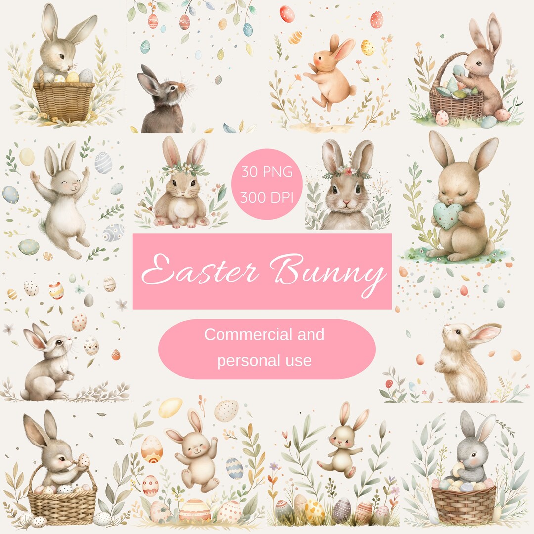 Cute Easter Bunny Clipart Bundle, Egg Hunt PNG, Watercolor Easter Eggs ...