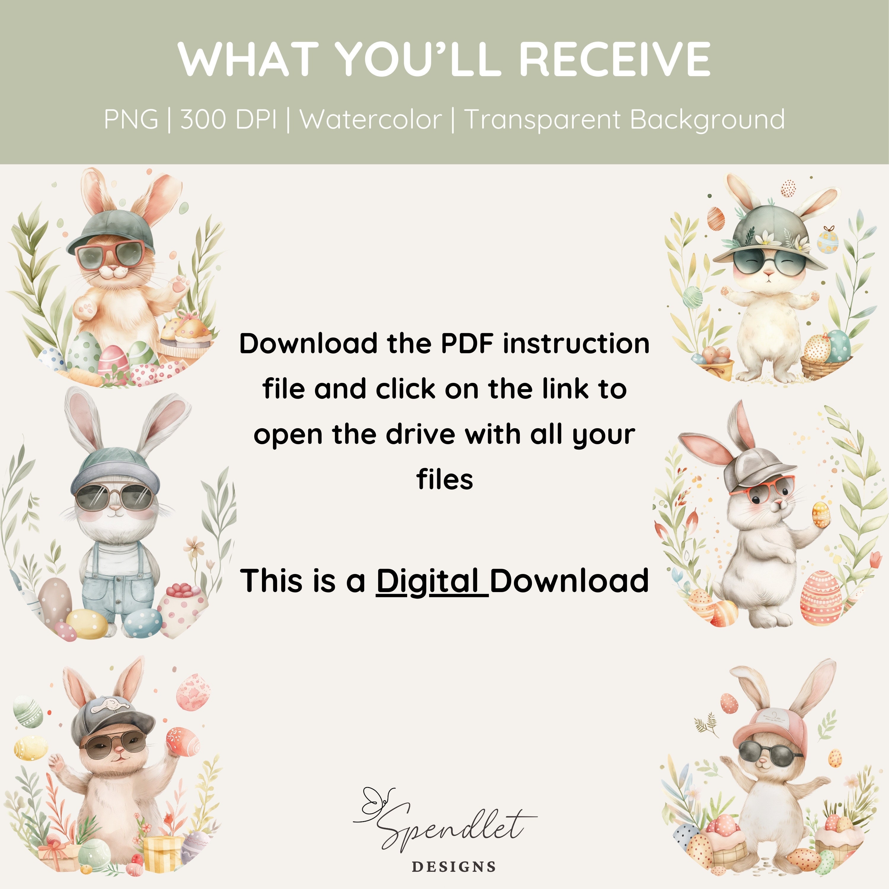 Cool Easter Bunny Clipart Bundle, Groovy Bunny PNG, Watercolor Easter ...