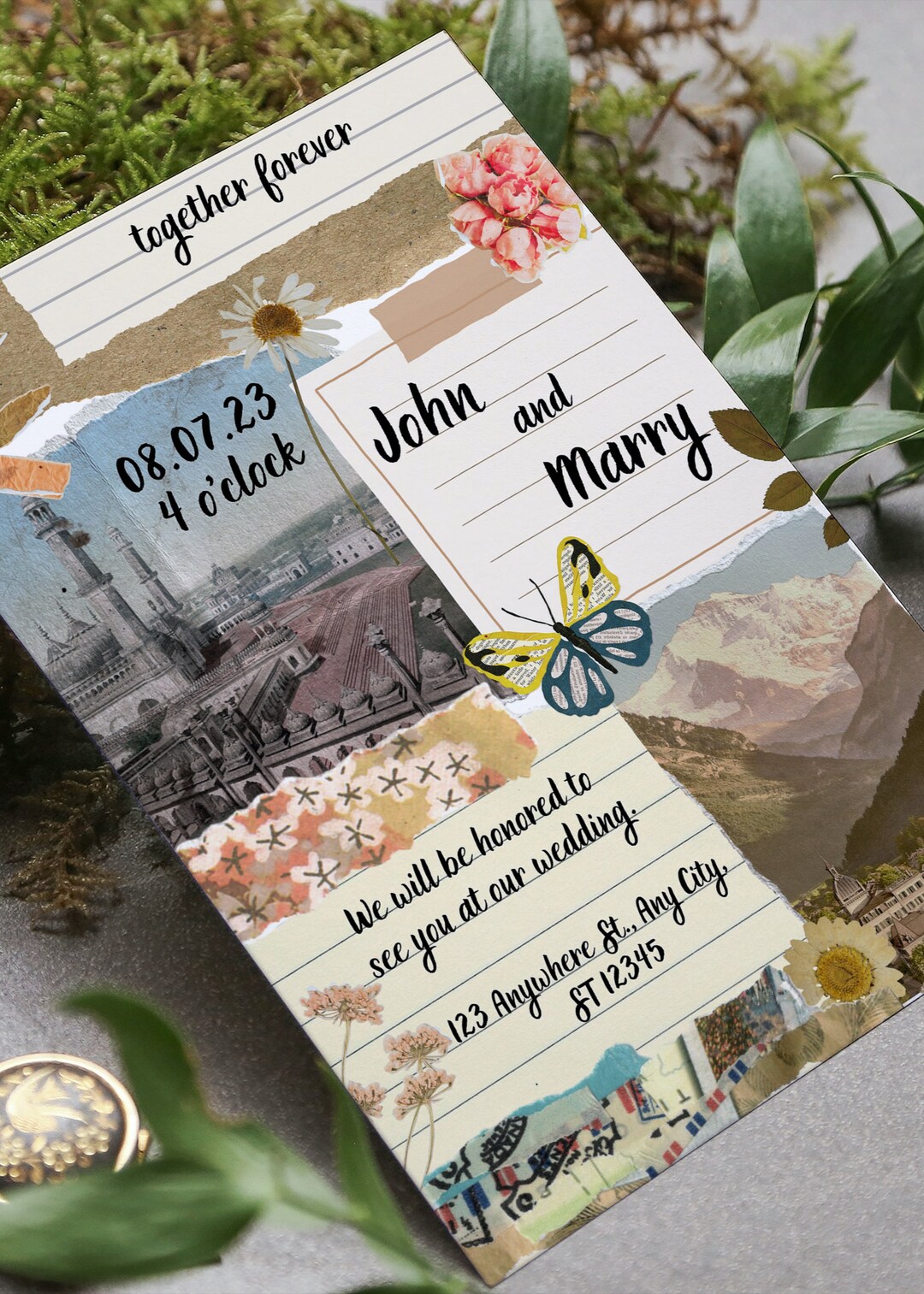 Worn Paper Pattern Digital Wedding Invitation Dried Flower - Etsy