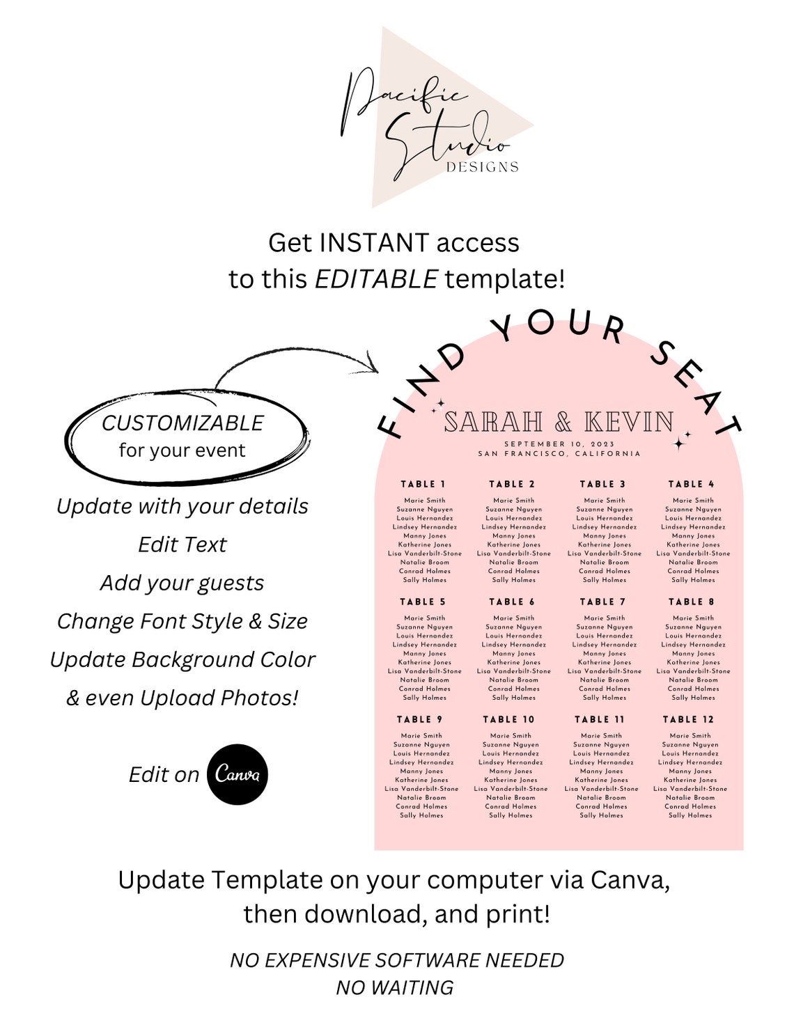Wedding Seating Chart Template, Editable, Customizable, Canva, Bold ...