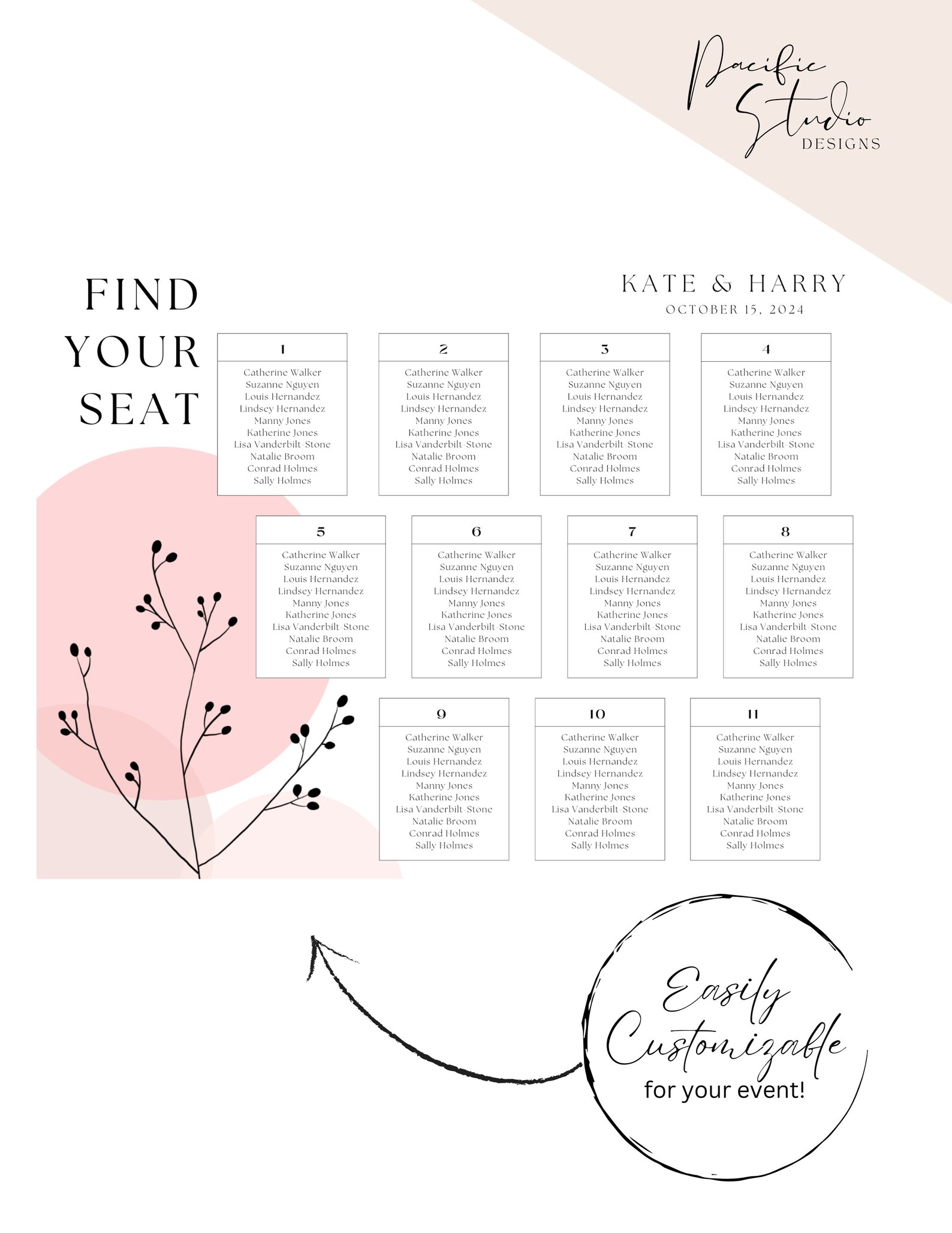 Wedding Seating Chart, Editable Template, for Pink, Pastels, Floral ...
